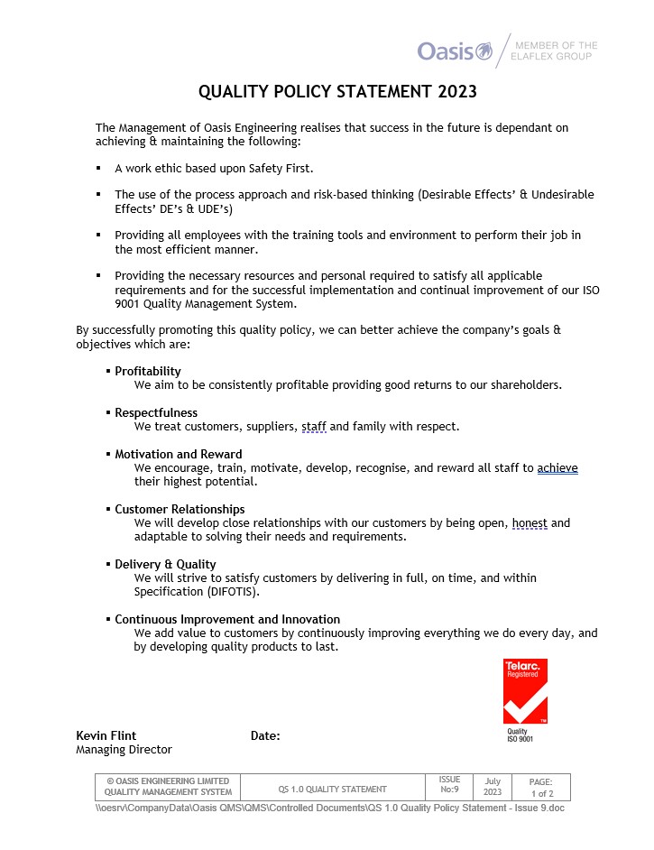 Quality Certification & Policy | Oasis